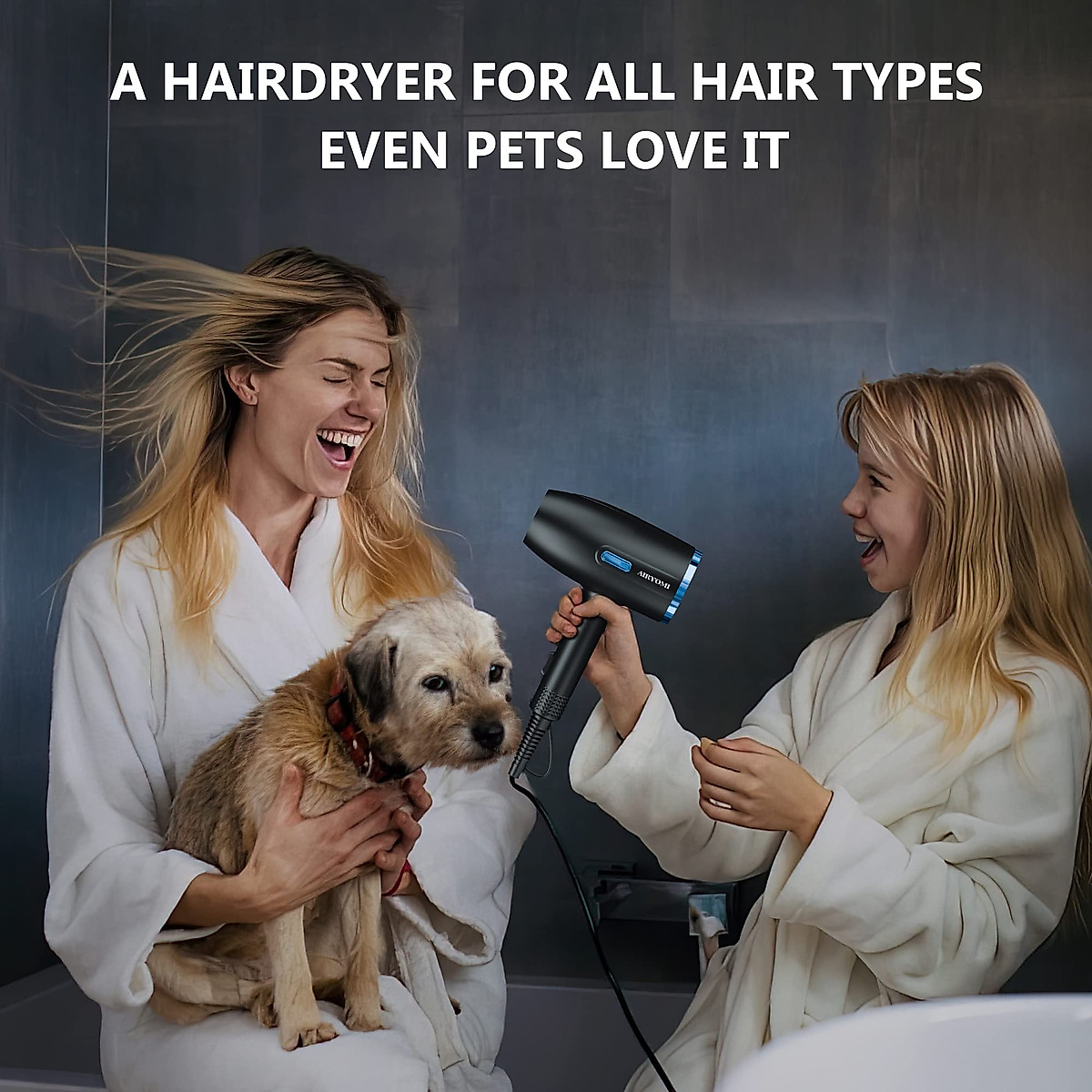 AIRYOMI Hair Dryer, 1875W Blow Dryer with Diffuser, Powerful Fast Dry Ionic Hair Dryer, Portable Hair Dryer, 3 Temps 2 Speed and Cold Settings, Black