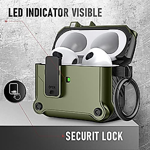 Valkit for Apple Airpods 3rd Generation Case Cover with Lock Cool AirPod 3 Case with Keychain for Men Women Military Hard Shell Rugged Shockproof Air Pod 3 Case for AirPod 3rd Gen Case 2021, ArmyGreen