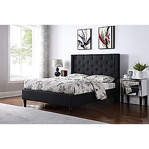 Full Upholstered Platform Bed Frame with 51" Tall Headboard - Button Tufted Cloth Bed - Wood Slat Support with Storage Space - No Box Spring Needed - Easy Assembly - Black - Oliver & Smith - Astor