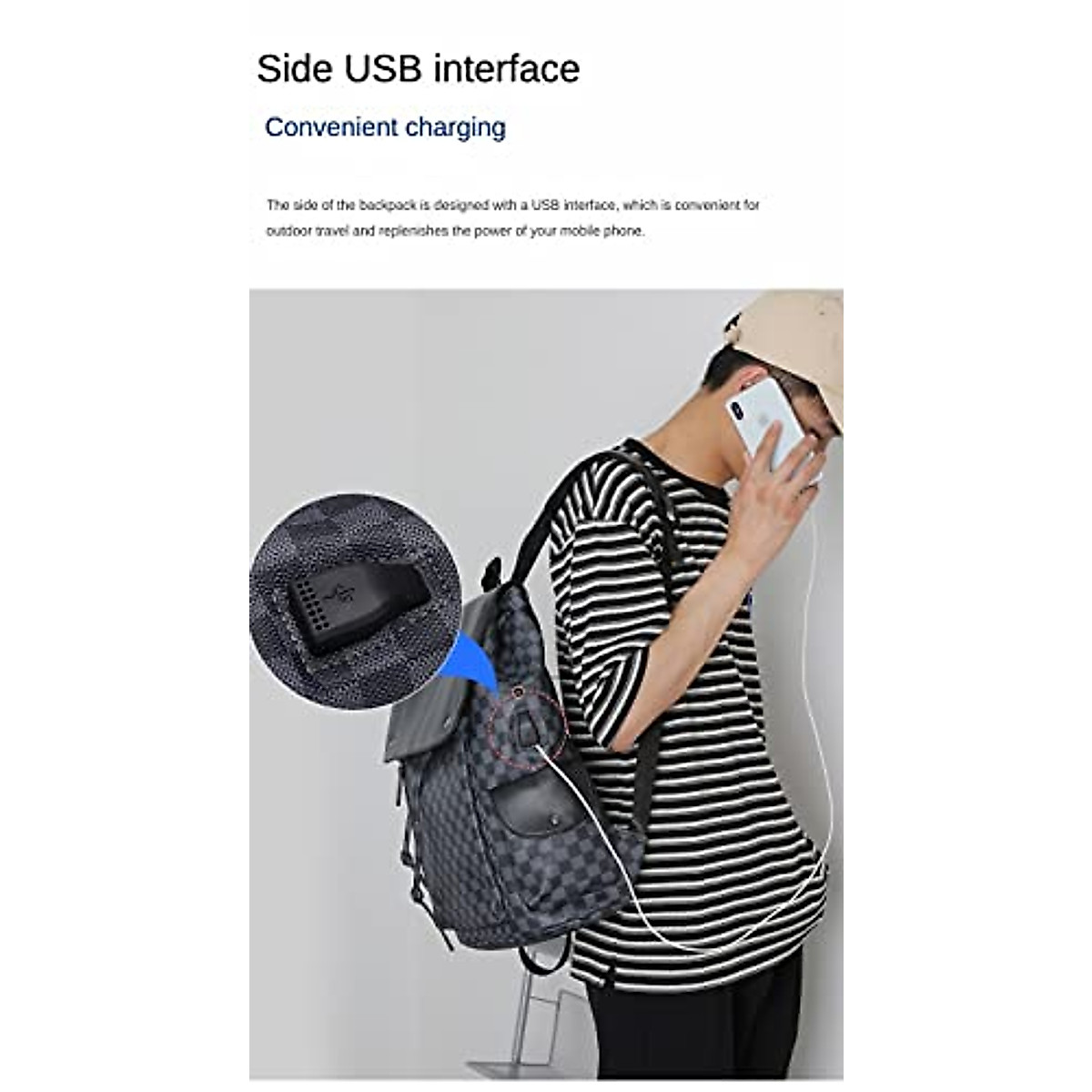 Classic PU Leather Laptop Backpack Unisex For Adult Youth Travel Leisure Fashion Bag Drawstring Gray Grid Backpack (Black)