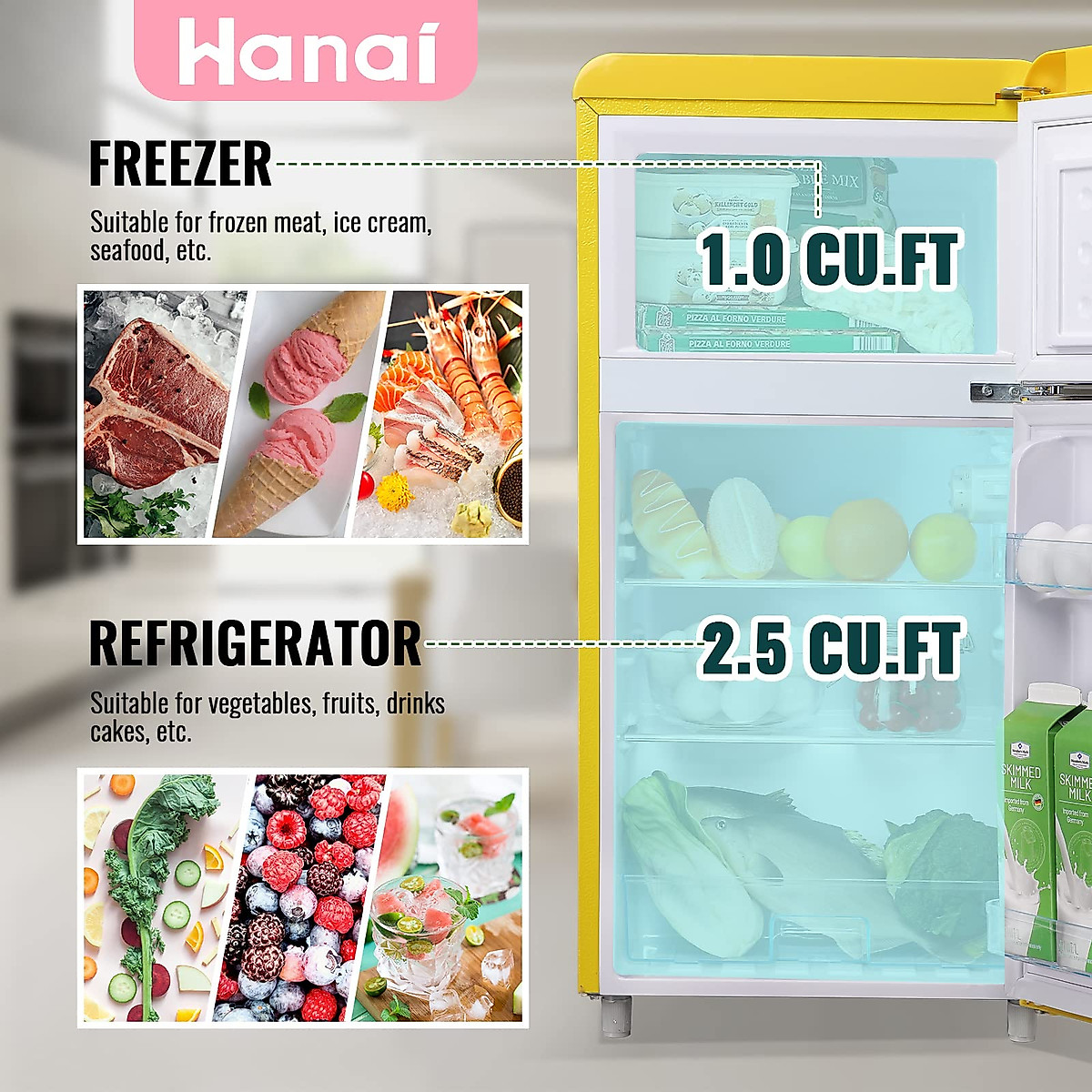 WANAI 3.5 Cu.ft Compact Refrigerators Mini Fridge with Freezer Yellow Small Fridge Dual Door Classic Retro Refrigerator Removable Glass Shelves Adjustable Thermostat for Home Office Dorm RV