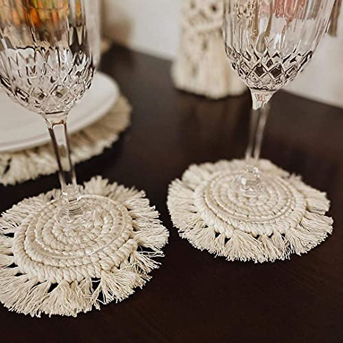 Hygge & Cwtch Handcrafted Macrame Coasters Set of 4 - Handmade Cotton Rope Woven Macrame Coaster with Tassel | Boho Home Decor Mugs and Cups Pads for Drinks, Wine Glass Table Countertop Office