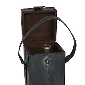 Deco 79 Leather Handmade Single Bottle Wine Holder with Carrying Handle, 5" x 5" x 15", Blue