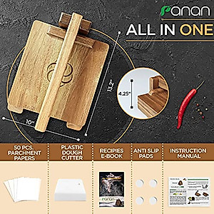 panan Wooden Tortilla Press Mexican Tortillera Presser Made from Natural Food-Grade Acacia Wood - Large Wood Pataconera with 50 Pieces Parchment Paper, Dough Cutter and Recipes eBook (Square 10")
