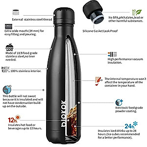 BJPKPK Insulated 17oz Stainless Steel Water Bottles, Sports Water Bottles Keep Cold for 24 Hours and Hot for 12 Hours,Midnight Black
