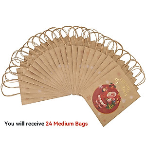 Qirrmiy 24-Pack 10.4” Medium Christmas Gift Bags with Handles, Kraft Brown with Santa Claus, Snowman, Gifts, Gingerbread man, Reindeer, Trees for Gifts, Decorations, Holiday Party, 24 Pcs