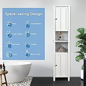 Unovivy Tall Bathroom Storage Cabinet Floor Standing Freestanding Linen Tower with 2 Doors & 6 Shelves, 15.7X 11.8X 66.9 Inches, for Living Room, Kitchen, Off-White