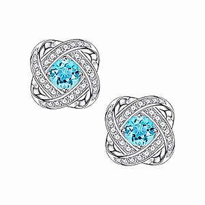 Aquamarine Knot Birthstone Earrings for Women, Sparkle Round Cut Aquamarine March Birthstone Earrings 18K White Gold Plated Sterling Silver Blue Aquamarine Jewelry March Birthday Gifts for Women