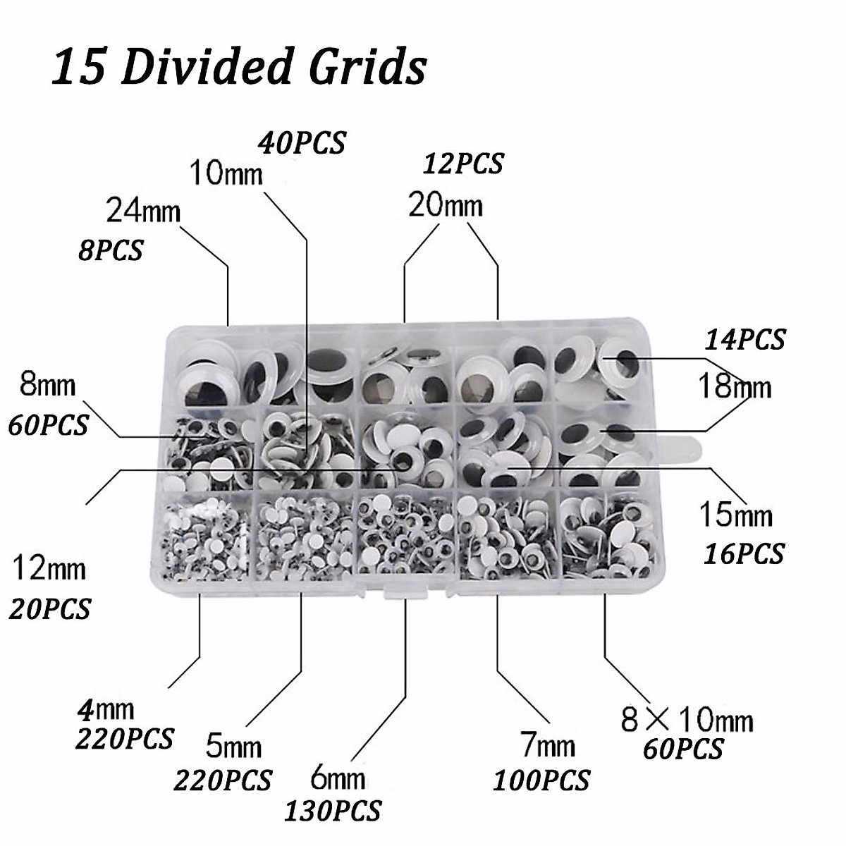 1000Pcs Googly Wiggle Eyes Self Adhesive for Craft Sticker Multiple Size 4-24mm for DIY Animal Creative Crafts Decorations