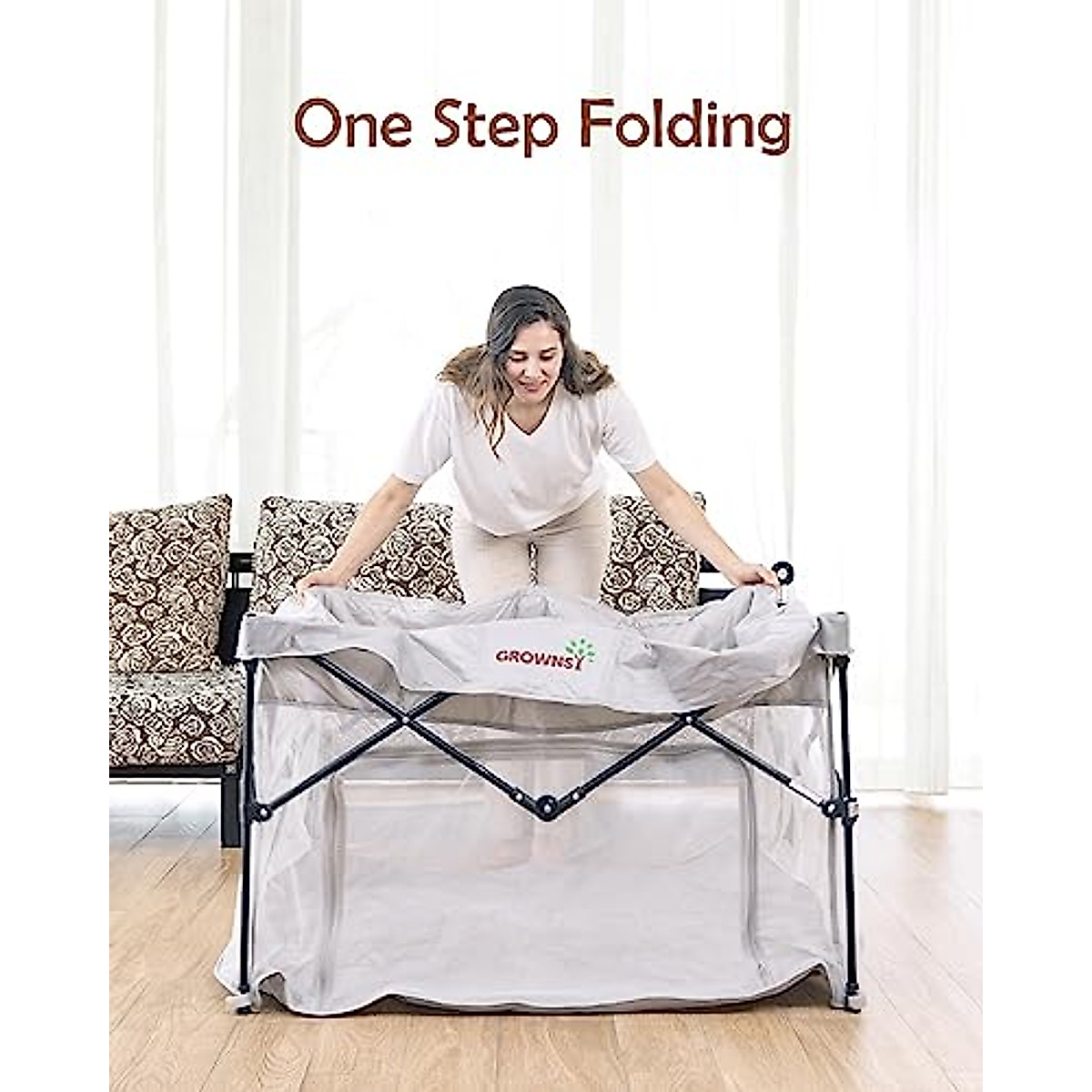 GROWNSY Baby Playpen, Foldable Indoor Outdoor Playpen with Canopy, Portable Playpen for Babies and Toddlers, Play Yard for Indoor/Outdoor, Lightweight and Sturdy, 48×48 Inch, Grey.