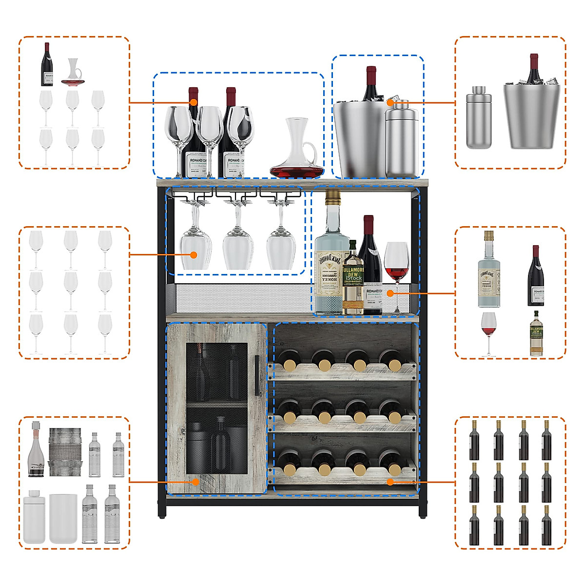 GAOMON Wine Bar Rack Cabinet with Detachable Wine Rack, Bar Cabinet with Glass Holder, Small Sideboard and Buffet Cabinet with Mesh Door (Grey)