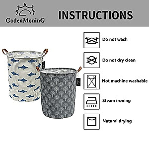 Collapsible Laundry Basket - GodenMoninG 2X 62.8L Large Sized Round Waterproof Storage Bin with Leather Handles,Home Decor,Toy Organizer,Children Nursery Hamper.(Grey Striped Shark & Grey Tree, 1+1)
