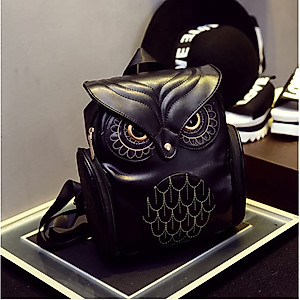 TENDYCOCO Women Girls PU Leather Owl Cartoon Backpack Fashion Casual Satchel School Purse (black)