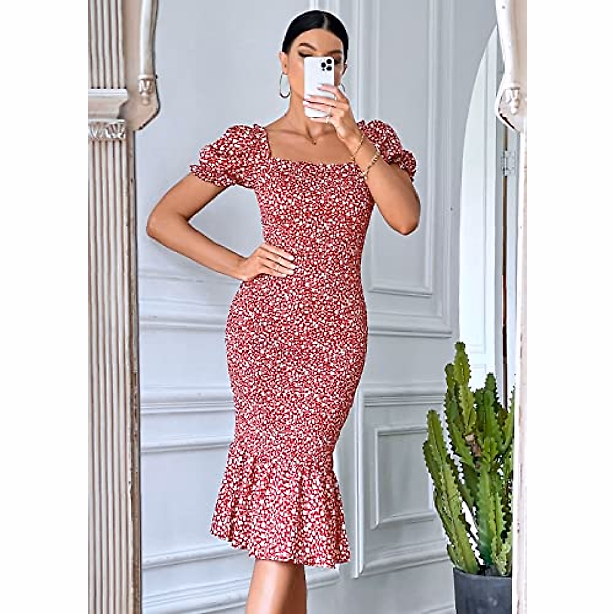 PRETTYGARDEN Women's Summer Floral Midi Bodycon Dresses Short Puff Sleeve Square Neck Ruffle Hem Mermaid Cocktail Dress (Red,Large)