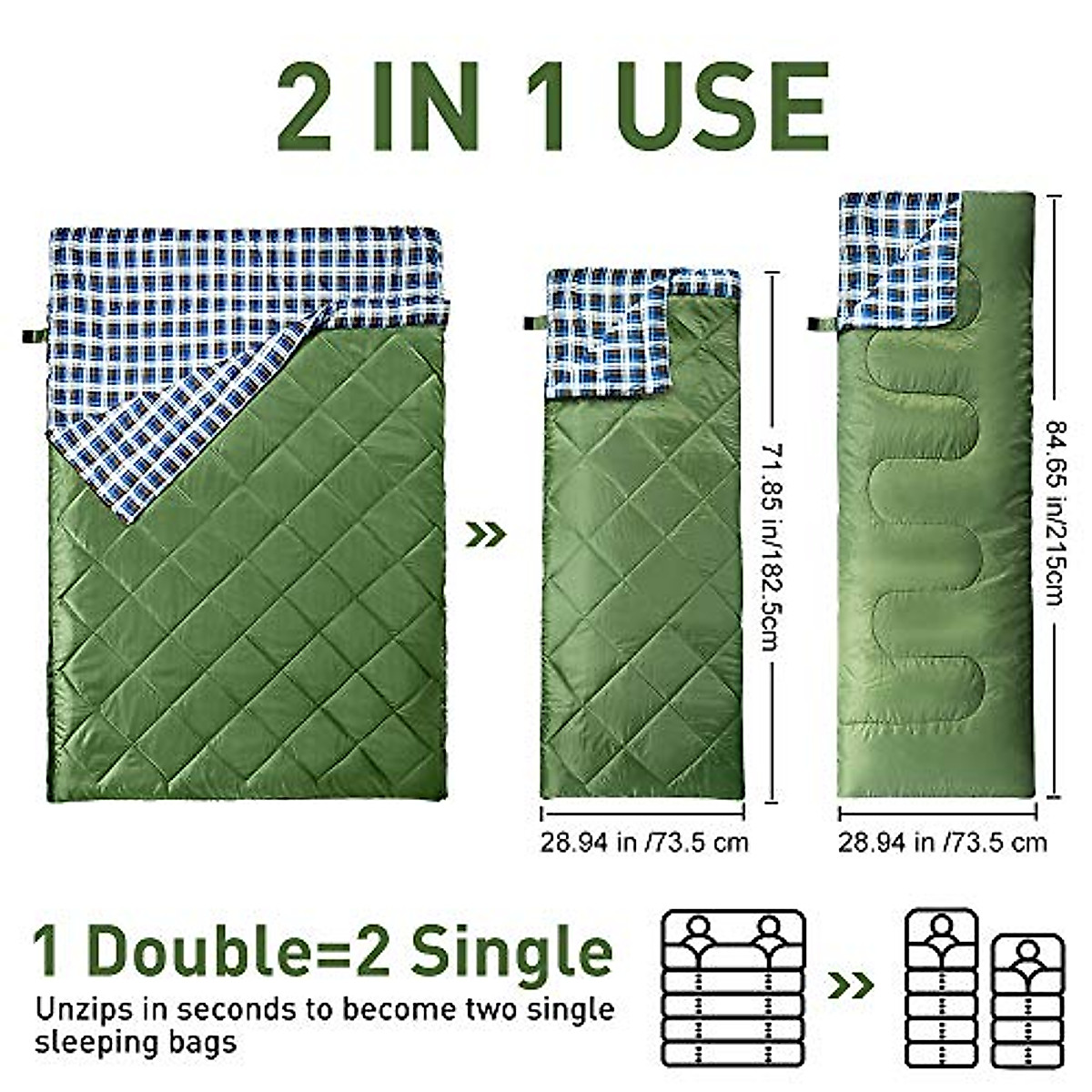 Bessport Double Sleeping Bag, 2 Person Sleeping Bags for Adults Backpacking, Lightweight and Water Repellent for 6 Season Camping, Hiking and Outdoor