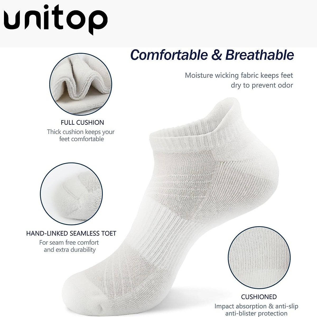 unitop Socks for Sweaty Feet Solid Color Cushioned Athletic Socks Black&White S