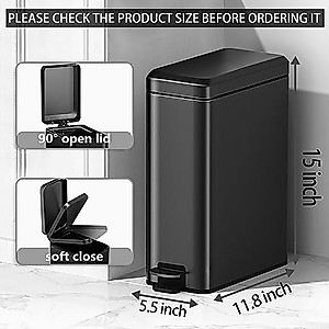 Aupekro Trash Can with Lid Soft Close, 2.6 Gallon Stainless Steel Step Garbage Can, Slim Rectangular Trash Bin with Removable Inner Bucket for Bedroom, Bathroom, Kitchen, Office(Black)