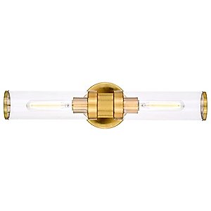 Levitt 2 Light Satin Brass Mid-Century Modern Industrial Bathroom Vanity Fixture Clear Glass