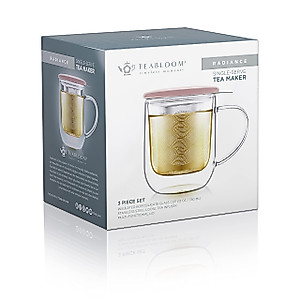 Teabloom Tea-For-One Steeping Mug – Insulated Double Wall Glass Mug (12 oz), Stainless Steel Infuser, Porcelain Lid/Coaster – Great For Brewing Loose Leaf Tea