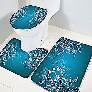 3 Piece Bath Rugs Sets, Elegant Cherry Blossoms Non Slip Bathroom Carpet Blue Water Absorbent U-Shaped Toilet Mat, Toilet Lid Cover