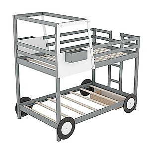 P PURLOVE Car Shaped Bunk Bed Twin Over Twin with Wheels and Shelves, Bunk Bed Frame with Ladder and Drawer, Wooden Bunk Bed for Boys, Girls and Young Teens, No Box Spring Needed (Gray)