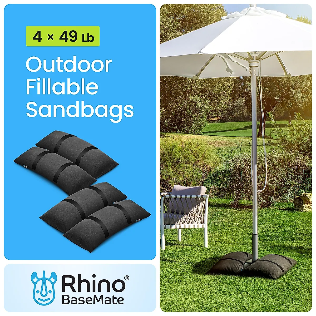 BaseMate Umbrella Base Weights | Outdoor Fillable Sand Bags for Weight | Weatherproof Patio Furniture Weights | 4 SandBags for 49 lb. | Arched Sand Bags to Hold Down Umbrella Stand & Outdoor Furniture