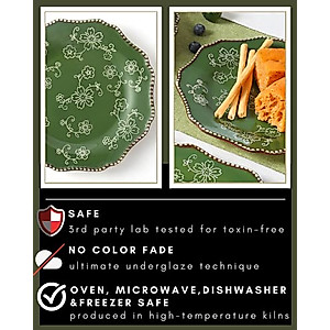 KUNABOO Artisanal Small Ceramic Plates, Salad Plates, Dessert Plates Ceramic Plates Set of 6-7.8” - Sakura Floral Series Pine Green - Ready to Wrap Gift