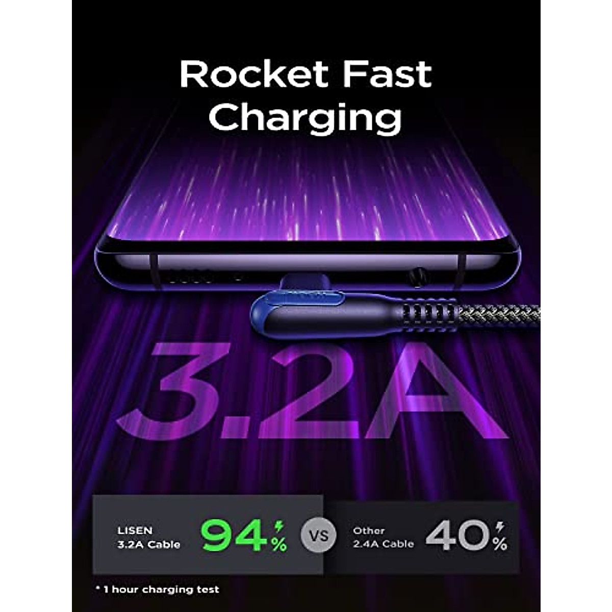 LISEN [3-Pack] 90-Degree USB-C Fast Charging Cables [6.6ft, 3.2A] -Never Rupture - Compatible with Samsung Galaxy S20/S10/S9/Note 10/9