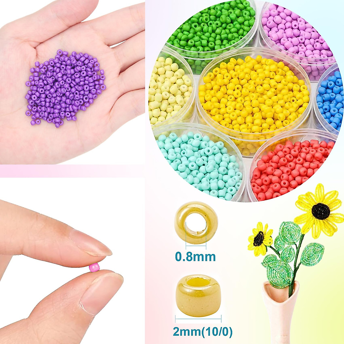 EuTengHao 57600pcs 2mm Glass Seed Beads Small Craft Beads for DIY Bracelet Necklaces Crafting Jewelry Making Supplies with Beading Needles Elastic Strings (144 Colors, 400Pcs Per Color)