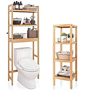 SMIBUY Bamboo Bathroom Over-The-Toilet Storage Shelf with 3-Tier Adjustable Shelves and 4-Tier Bamboo Rack Organizer Unit for Living Room Bedroom Kitchen (Natural)