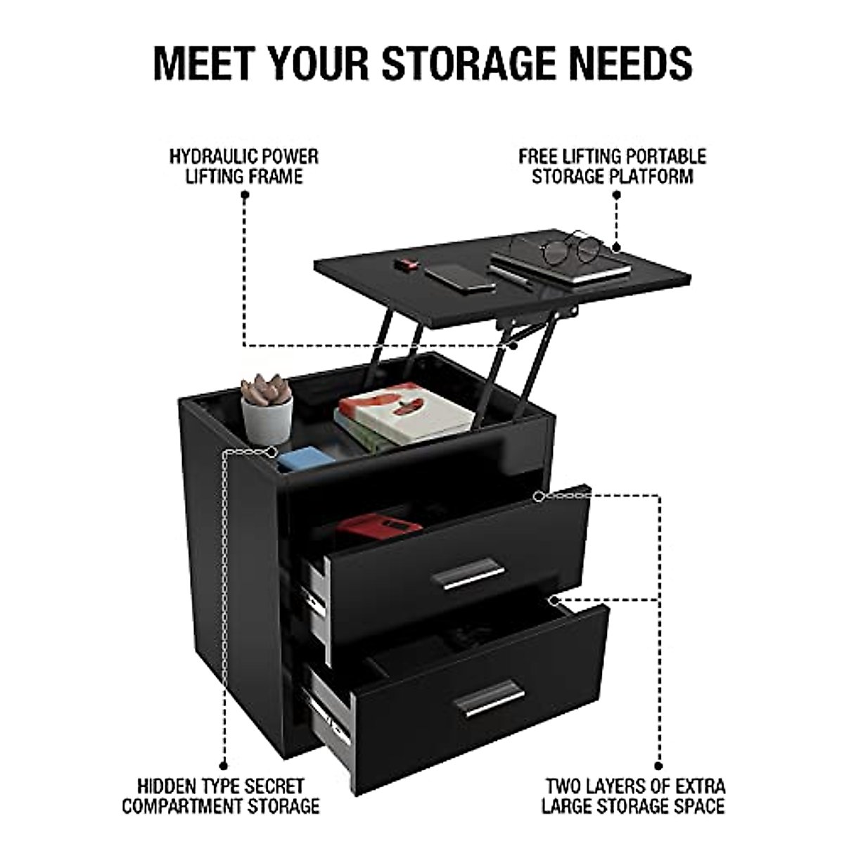 YOURLITE 2 in 1 Upgrade Nightstand with Lifting Top and End Table, Bedside Desk Height Adjustable Laptop Table with 2 Drawer Storage Cabinet Removable End Table for Bedroom, Home (Black)