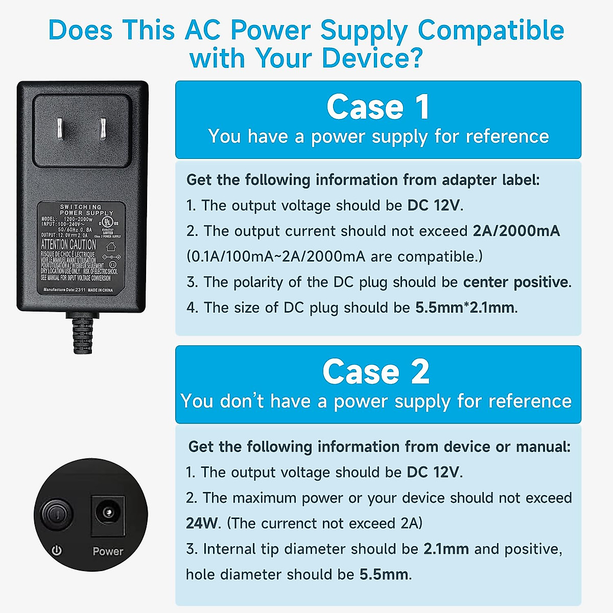 UL Listed AC 100-240V to DC 12V 2A/2000mA Power Supply Adapter, 24W Adapter with 3 Tips for LED Strip Lights, Keyboard, BT Speaker, Router, Monitor, Webcam, DVR, NVR, CCTV Camera
