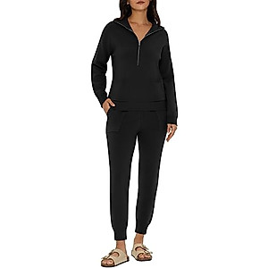 DEEP SELF Black Two Piece Sweater Set for Women Half Zip V Neck Pullover High Waist Sweatpants Knit Pajamas Set