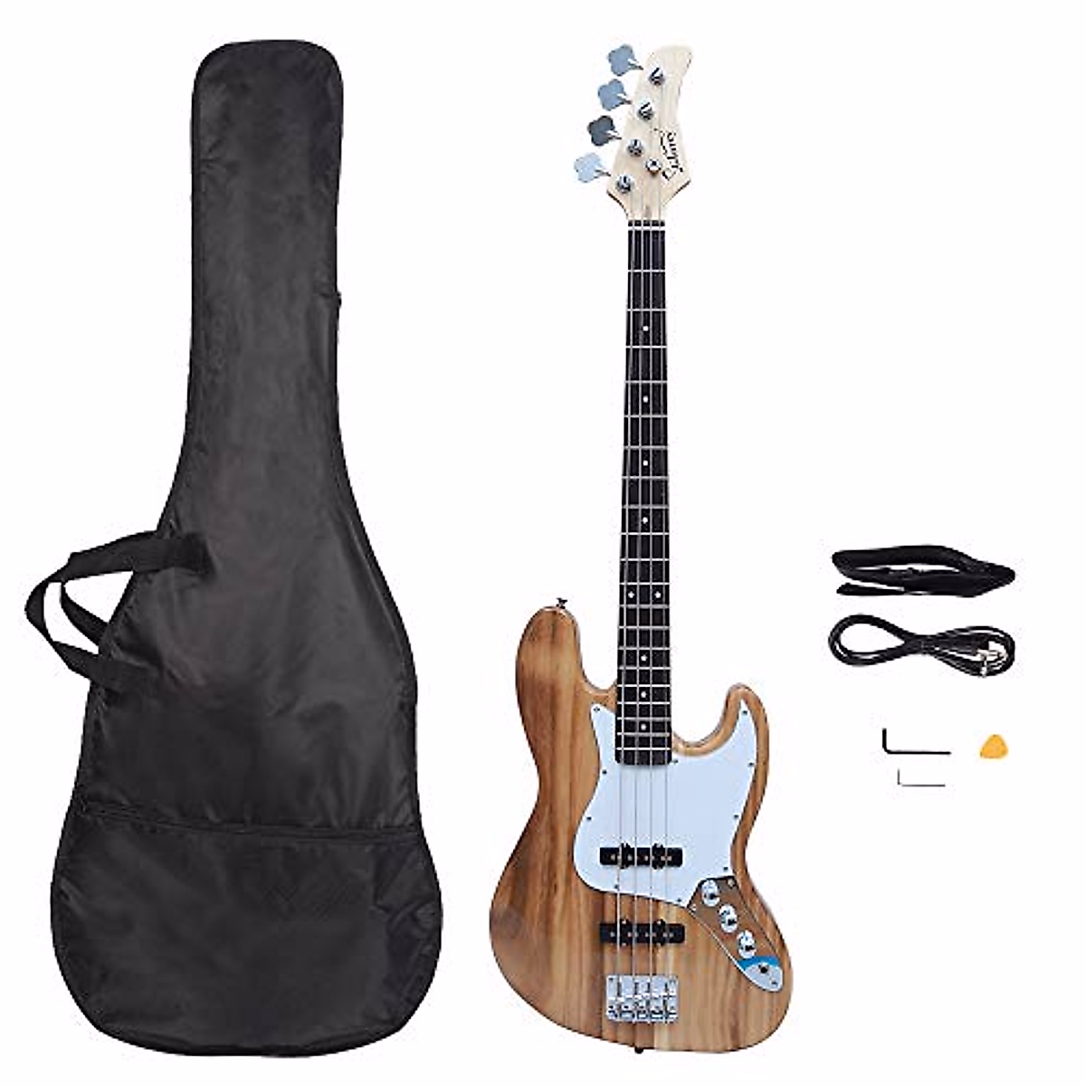 Glarry Gjazz Electric Bass Guitar 4 String Full Size for Beginner Right Hand with Shoulder Strap, Wrench Tool, Power Line and Bag (Burly Wood)