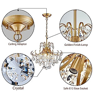 peskoe Gold Chandeliers for Dining Room, 4-Light Modern Crystal Light Fixture, Living Room Bedroom Pendant Ceiling Lamp, Luxury Hanging Light, H 17.7'' x W 18.1''