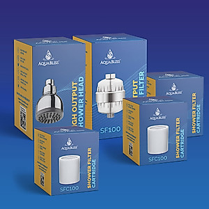 AquaBliss SF100 High Output Revitalizing Shower Filter & TurboSpa 3 Inch High Pressure Shower Head w/Flow Restrictor Plus 3 AquaBliss Replacement Cartridge SFC100 High Output Multi Stage Filter