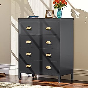 YITAHOME 5 Drawer Dresser, Metal Storage Chest of Drawers, Large Capacity Clothing Storage Organizer with Golden Handles, Tall Dresser for Bedroom, Living Room, Hallway, Entryway, Black