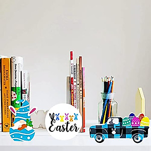 Easter Tiered Tray Decor Set: 7 Pieces Thick Wooden Stand Sign for Tabletop Spring Decorations, Farmhouse Rustic Mini Ornaments for Home Kitchen Table Top Housewarming [Tray Not Included]