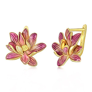 VONALA Lotus Earrings for Women Lotus Flower Dangle Hoop Earrings Enamel Lotus Leverback Earrings Lotus Jewelry Gifts for Women Mom Birthday