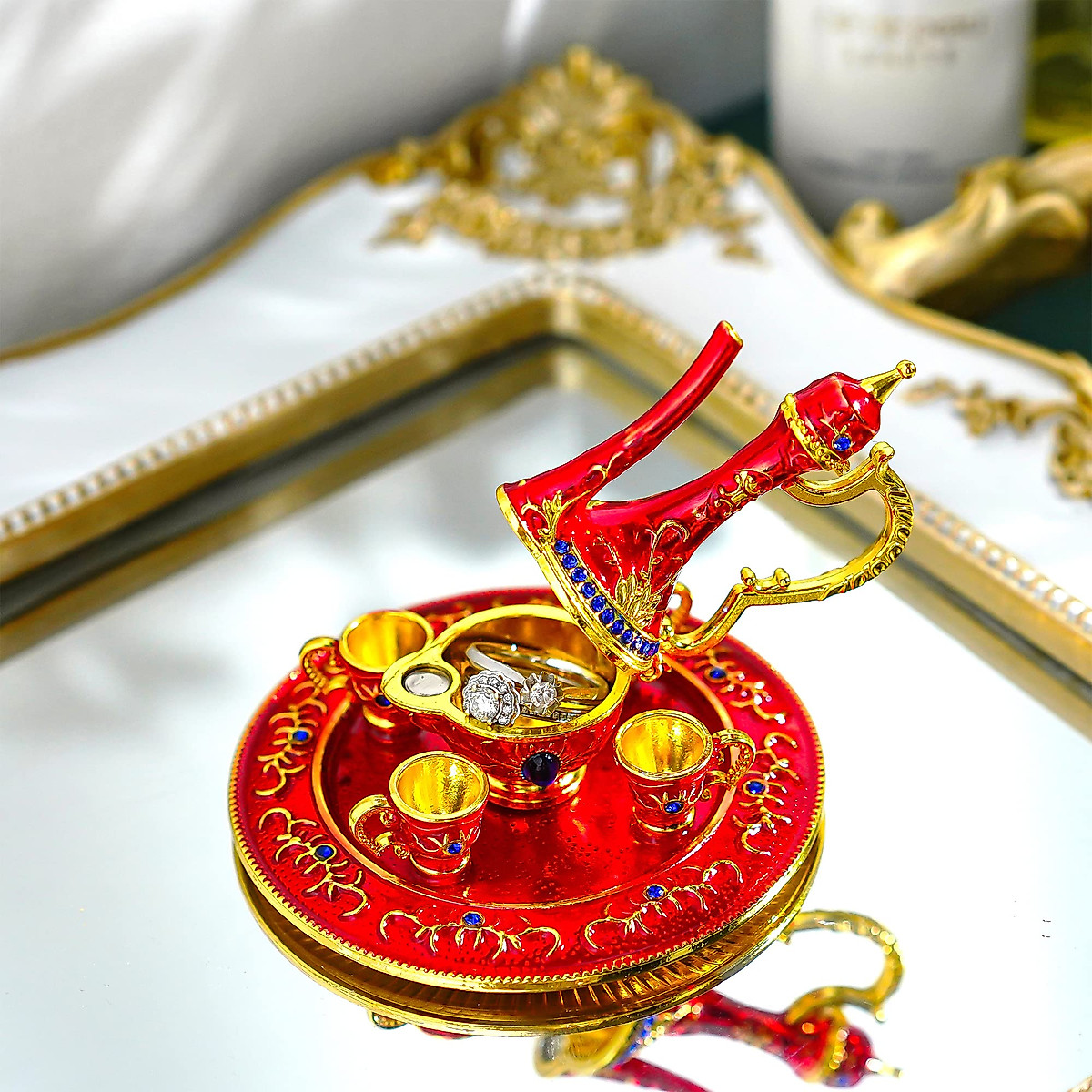 YU FENG Moroccan Teapot Set Jewelry Trinket Box Hinged Hand Painted Enamel Treasured Trinkets Collectable Jewellery Box Ring Holder For Home Decor Gift,3inch