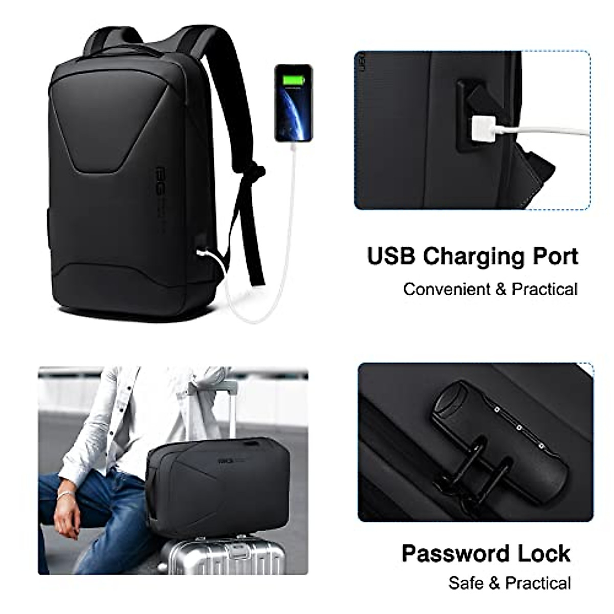 FANDARE Anti-Theft Backpack Business Daypacks fits 15.6 Inch Laptop Travel Large Backpack with USB Charging Port Waterproof Computer Bag for Women Men Notebook Black
