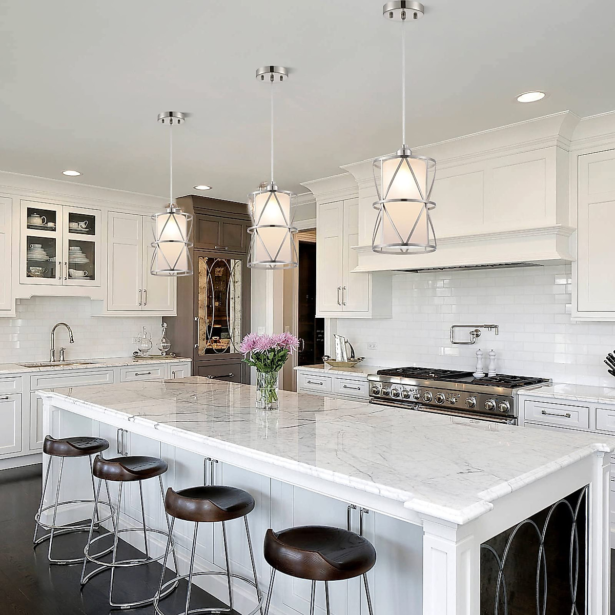 Modern Pendant Lights with Frosted Glass, Brushed Nickel Pendant Light Fixtures, Cylindrical Pendant Lighting for Kitchen Island, Kitchen Hanging Lights Over Island, Foyer, Dining Room, Entryway