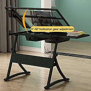 Drafting Desk, Adjustable Glass Drafting Table,Versatile Art Study Table,with Storage Drawers,Art Studio Design Sketching Painting Work Station