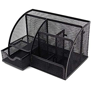 MONBLA Mesh Multi-Functional Stationery Storage Organizer Office Stationery Case Stationary Caddy Metal Desk Organizer Pencil Pen Holder 5 Compartments Black