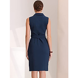 Allegra K Women's Sleeveless Notched Lapel Double Breasted Belted Work Office Blazer Dress X-Large Navy Blue