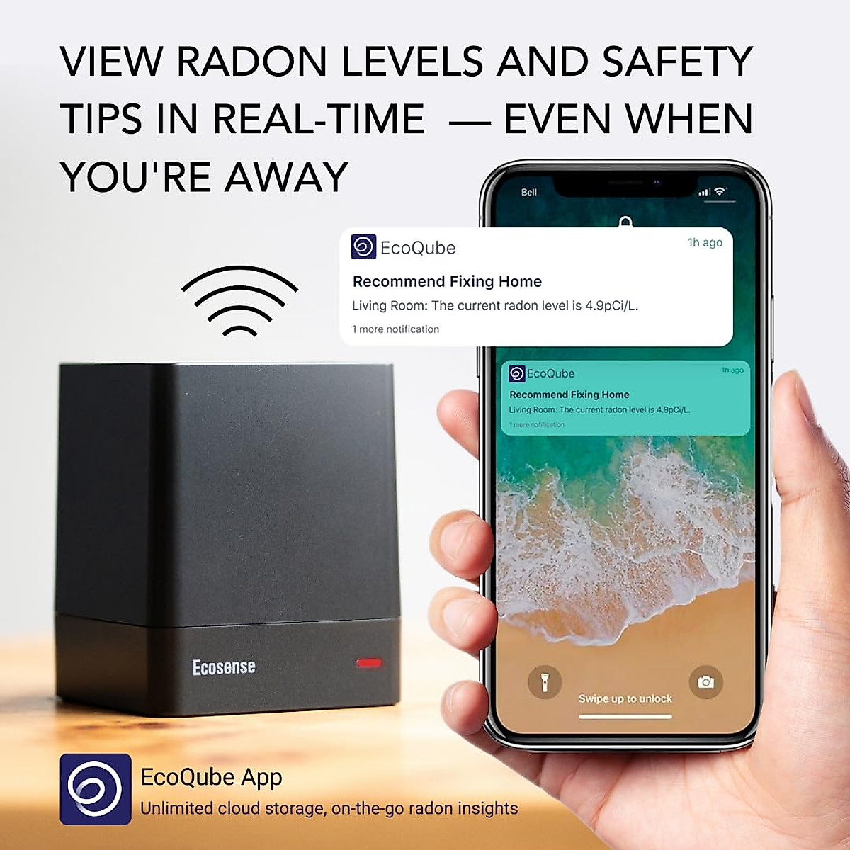 Ecosense EQ100 EcoQube, Smart Continuous Radon Detector for Home, Easy to Use, Accurate, Wi-Fi, USA Version pCi/L