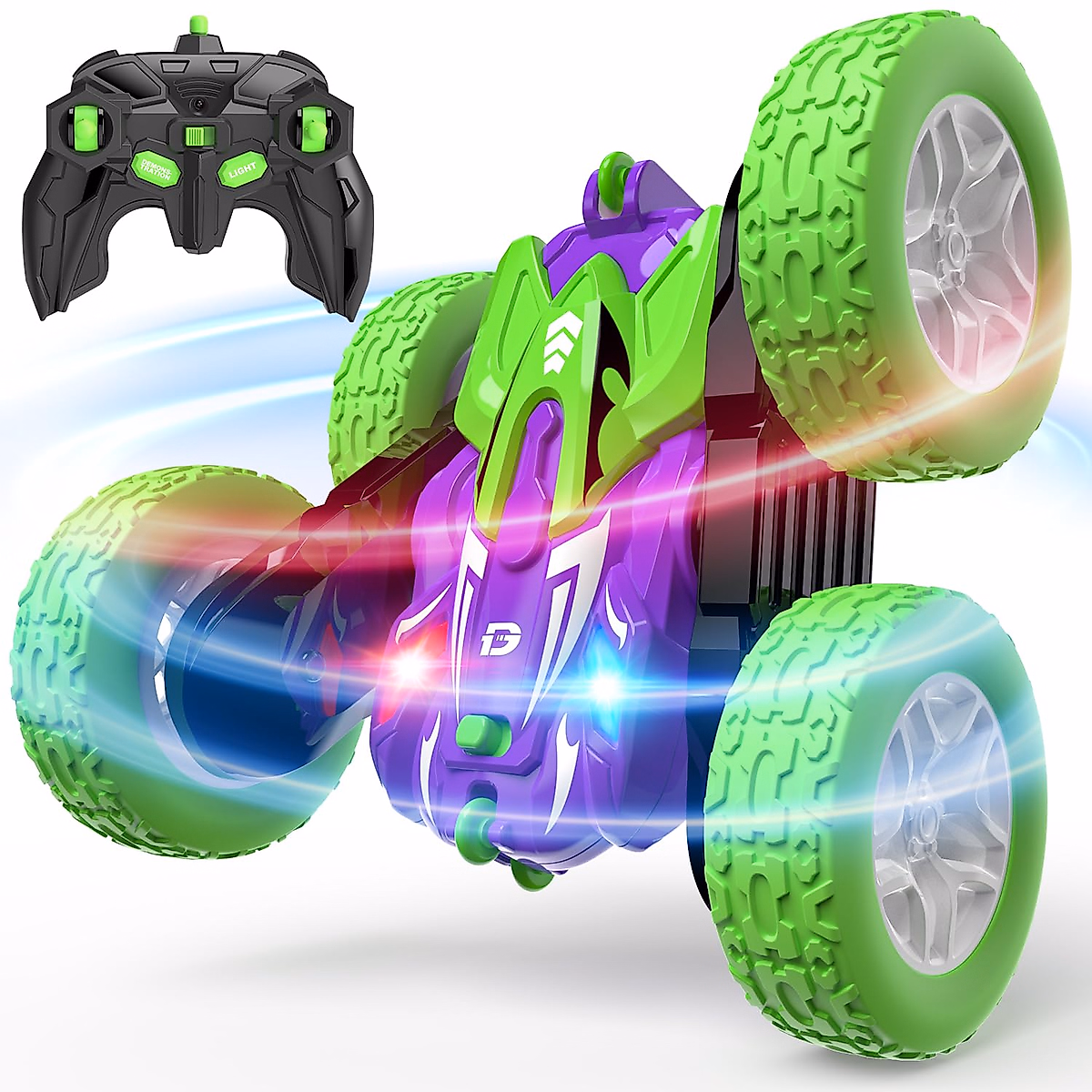 DEERC Remote Control Car, Double-Sided Driving RC Stunt Cars, 360° Spin 4WD Off-Road Car W/Dual Motors LED 2.4GHz Indoor/Outdoor Toy for Boys Age 4-7