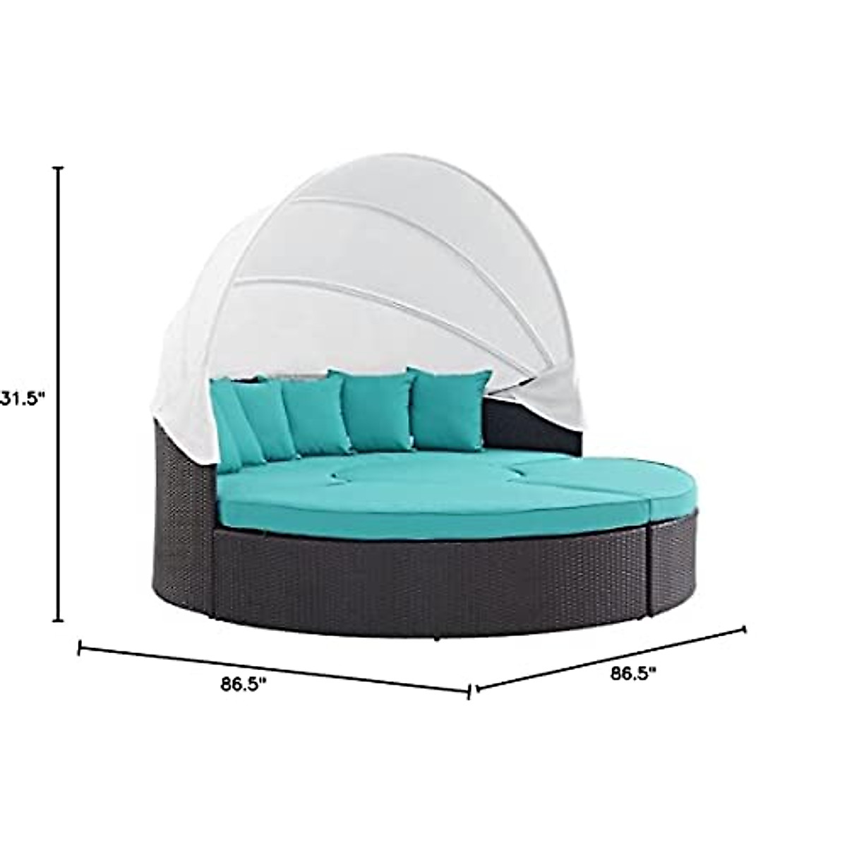 Modway Convene Wicker Rattan Outdoor Patio Retractable Canopy Round Poolside Sectional Sofa Daybed with Cushions in Espresso Turquoise
