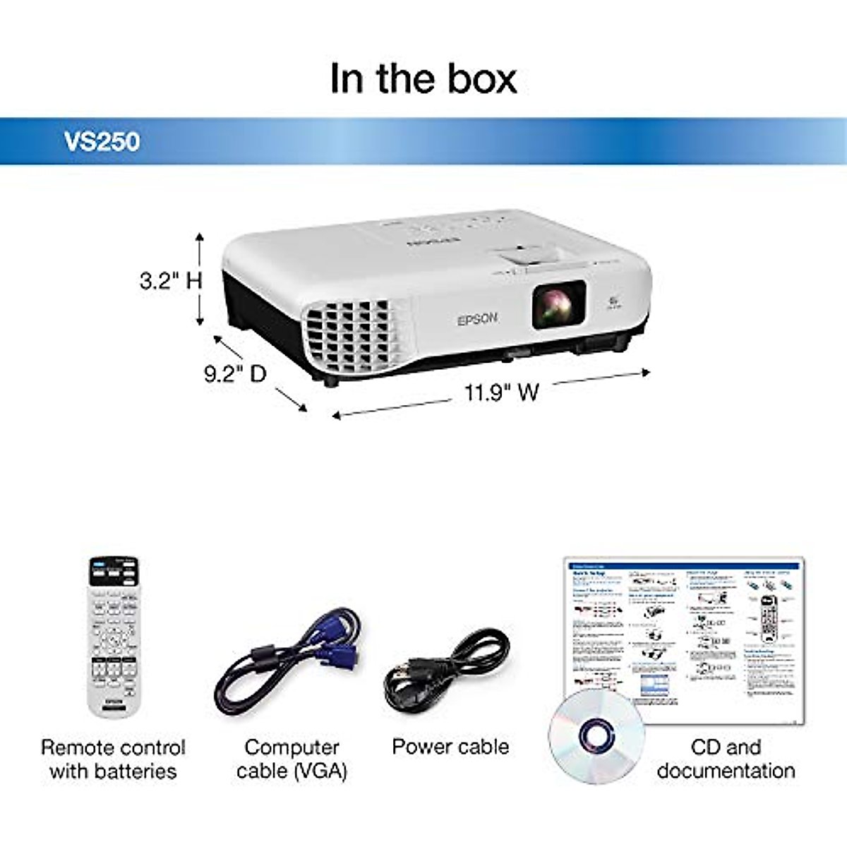Epson VS250 SVGA 3,200 Lumens Color Brightness (Color Light Output) 3,200 Lumens White Brightness (White Light Output) HDMI 3LCD Projector