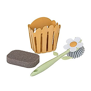 Vigar Florganic 3-piece Sink Caddy Set, Eco-friendly Daisy-shaped Dish Brush, Sponge and Fence-shaped Holder with Suction Cup, Orange